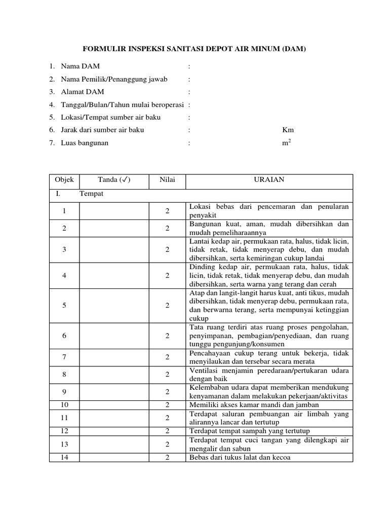 Form Inspeksi Sanitasi Depot Air Minum | PDF
