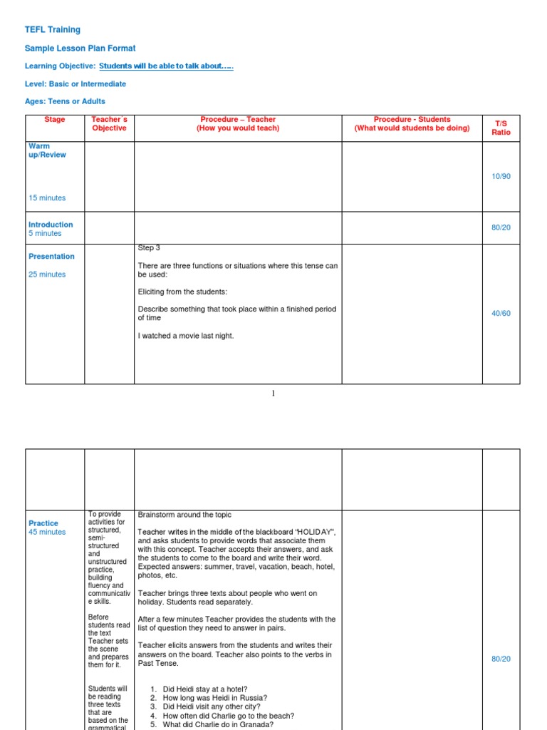 TEFL Sample Lesson Plan Format 2 | PDF | Question | Lesson Plan
