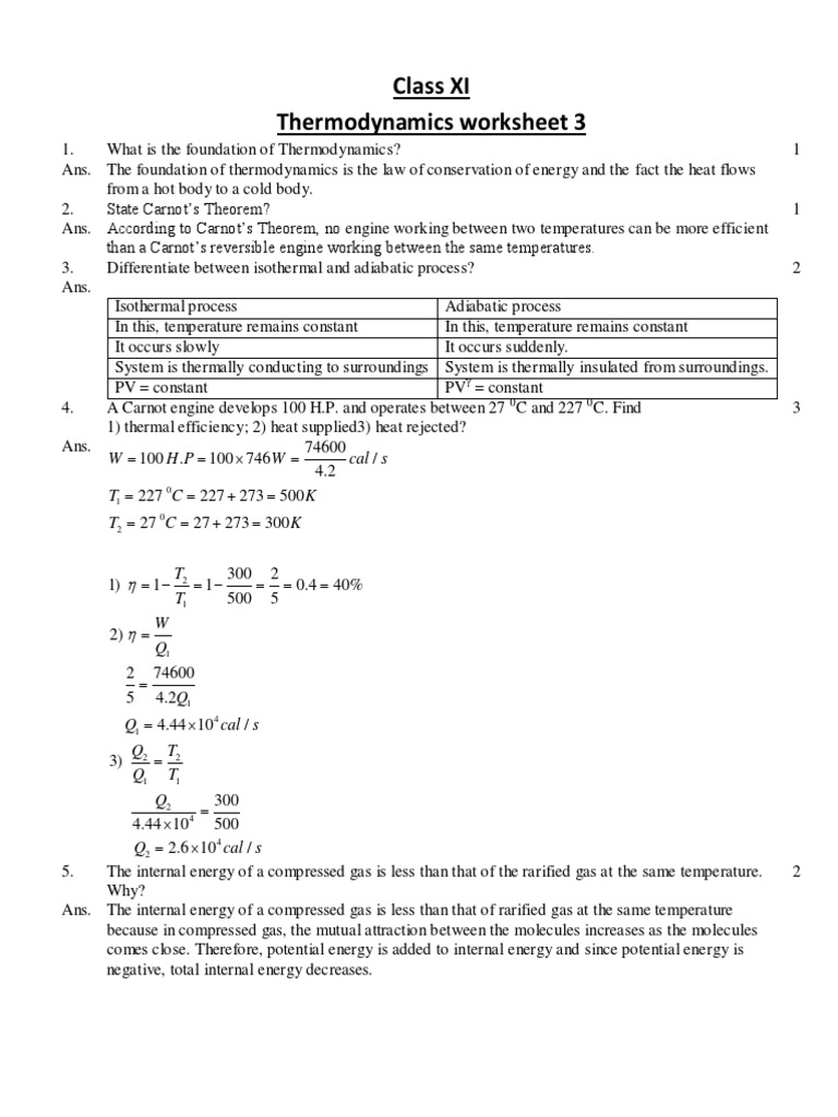 Class XI Thermodynamics Worksheet 3: W HP W Cal S T C K T C K | PDF ...