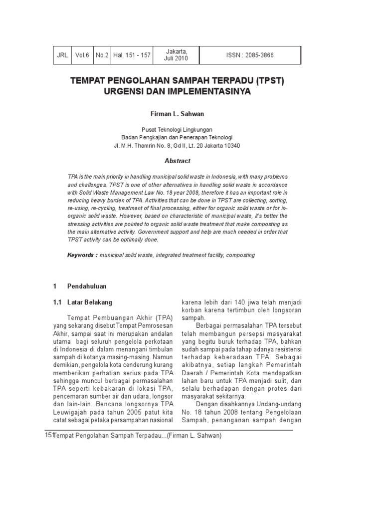 Tempat Pengolahan Sampah Terpadu (TPST) Urgensi Dan Implementasi PDF | PDF