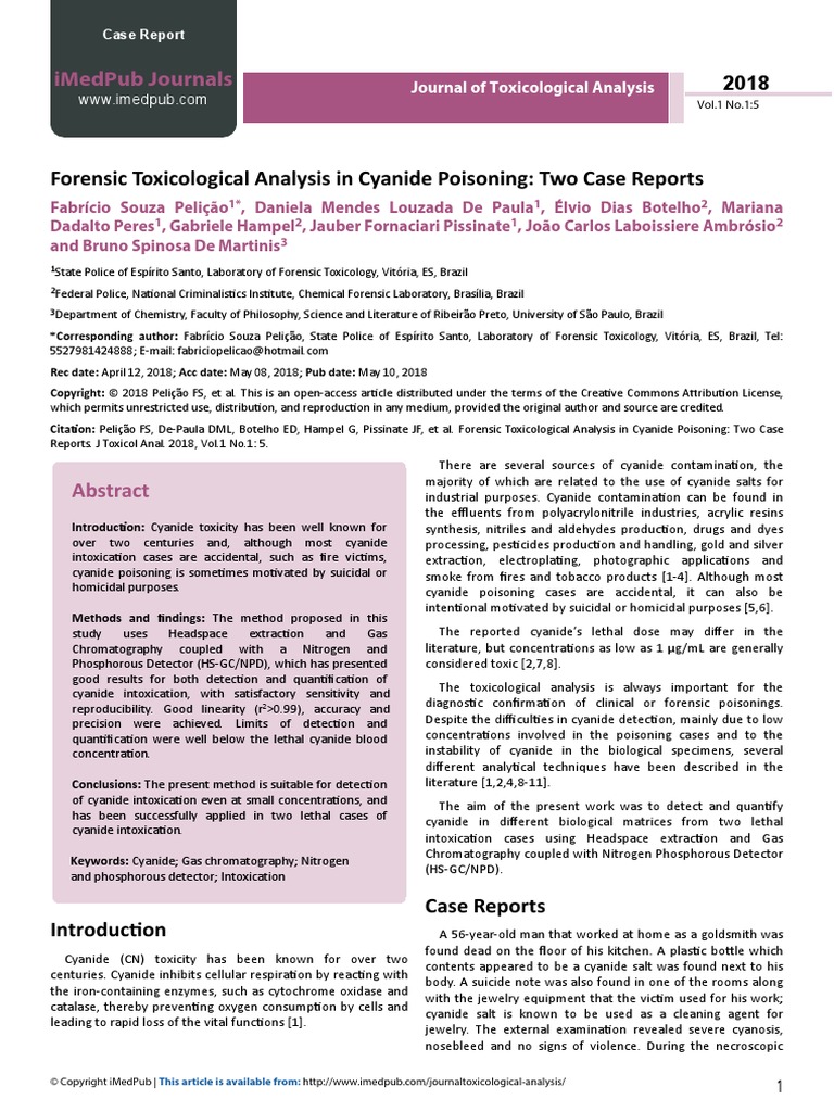 Forensic Toxicological Analysis in Cyanide Poisoning Two Case Reports ...
