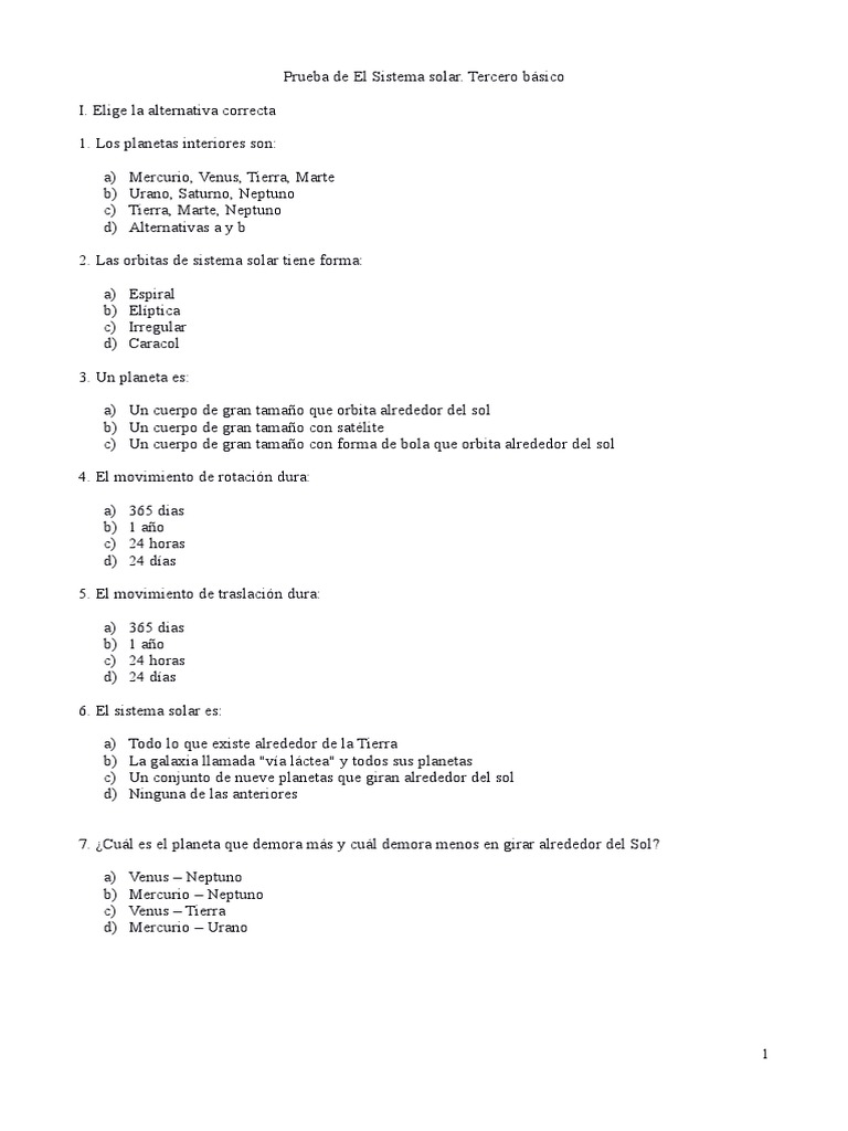 Prueba sobre el Sistema Solar para 3º Básico | PDF | Sistema solar ...