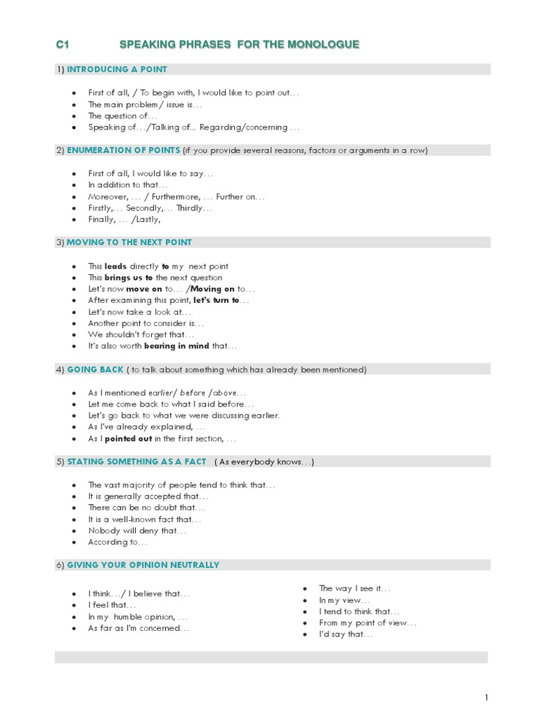 C1 Speaking Phrases Monologue | PDF | Philosophical Methodology | Reason
