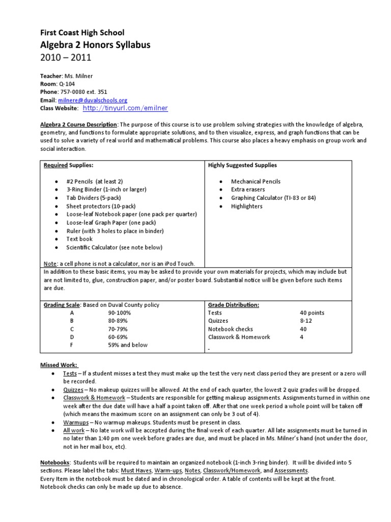 Algebra II Syllabus | Download Free PDF | Algebra | Homework