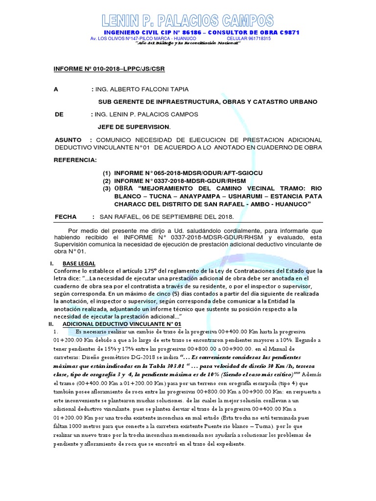 Informe de Necesidad de Adicional Deductivo Vinculante de Obra | PDF | Sectores Economicos ...