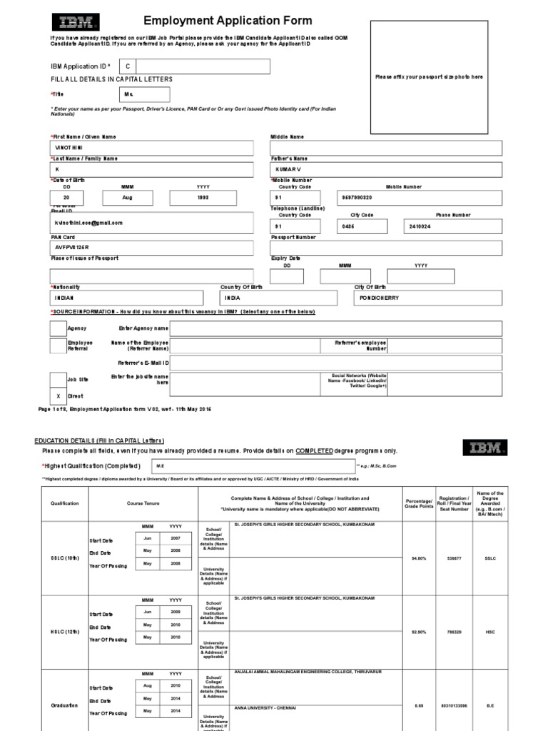 Ibm Employment Application Form Pdf Employment College