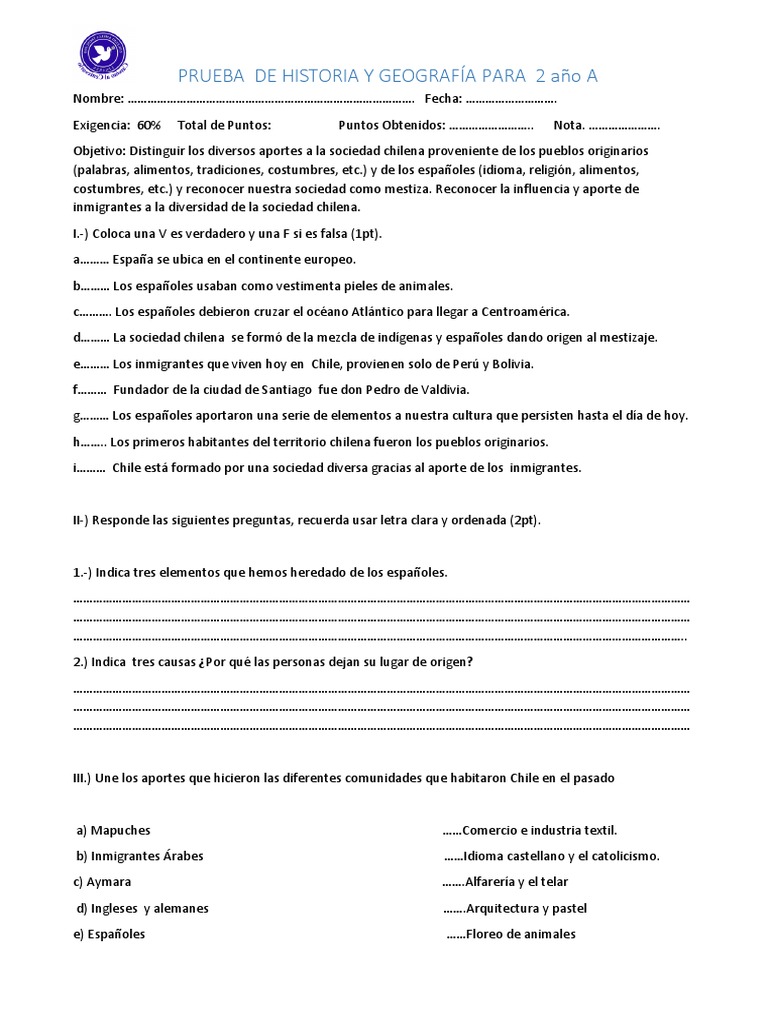 PRUEBA Legado Inmigrante 2° Básico | PDF | Chile | España
