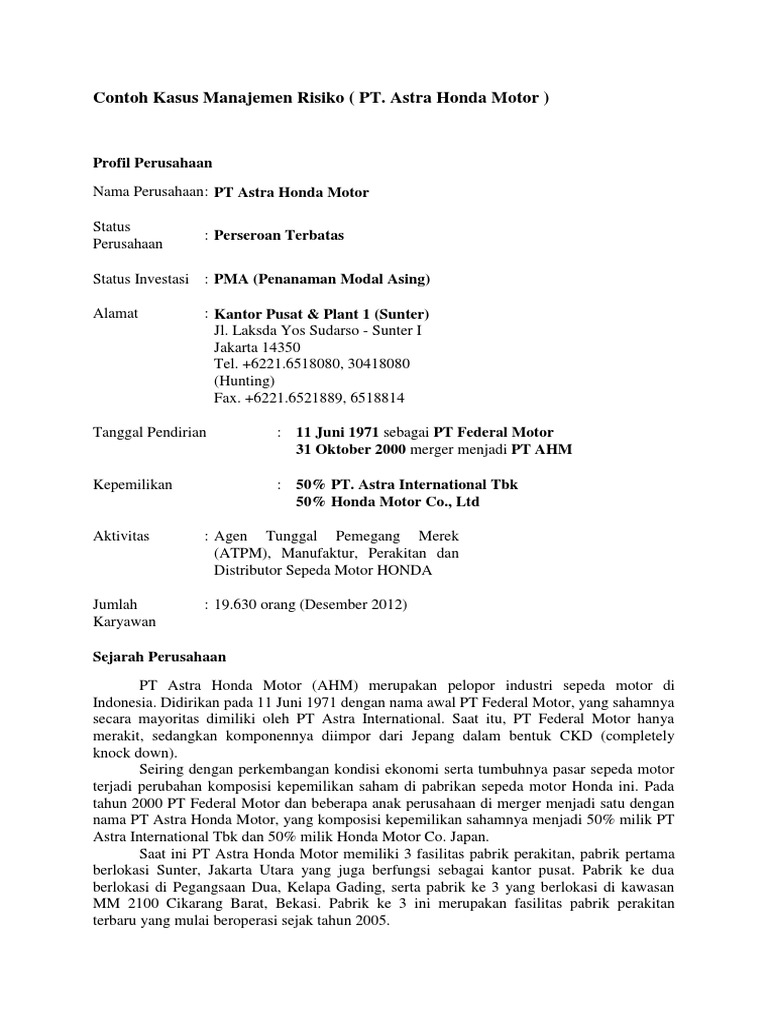 Contoh Kasus Manajemen Risiko | PDF