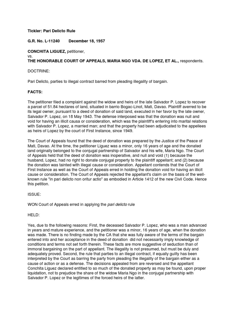 Tickler: Pari Delicto Rule G.R. No. L-11240 December 18, 1957 CONCHITA ...