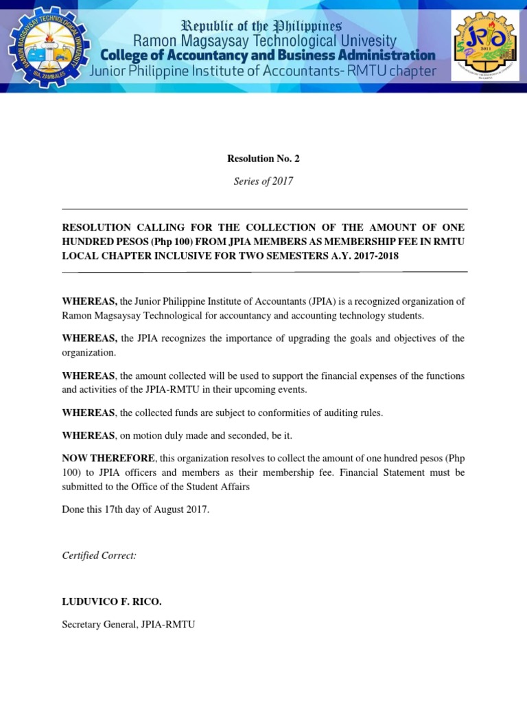 Resolution For Membership Fee | PDF