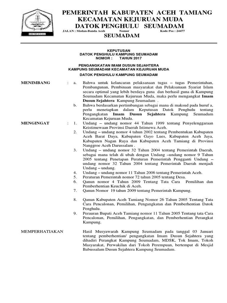 SK Imam Dusun Sejahtera | PDF