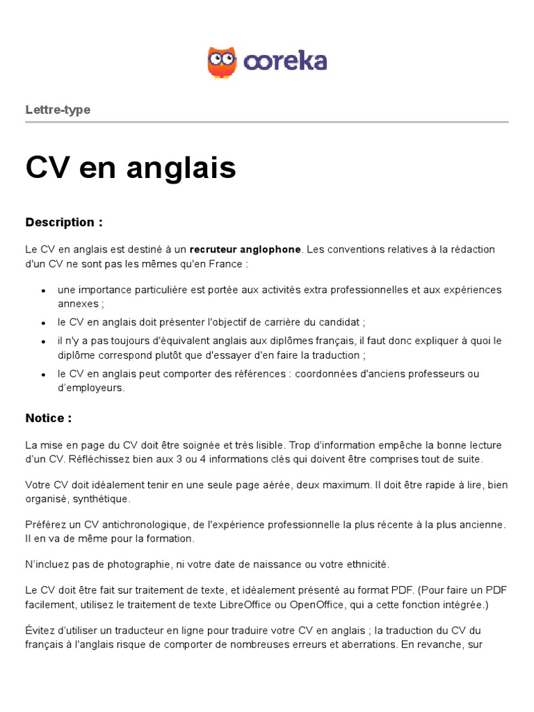Rédiger un CV en anglais efficace | PDF | Traductions | Langue anglaise
