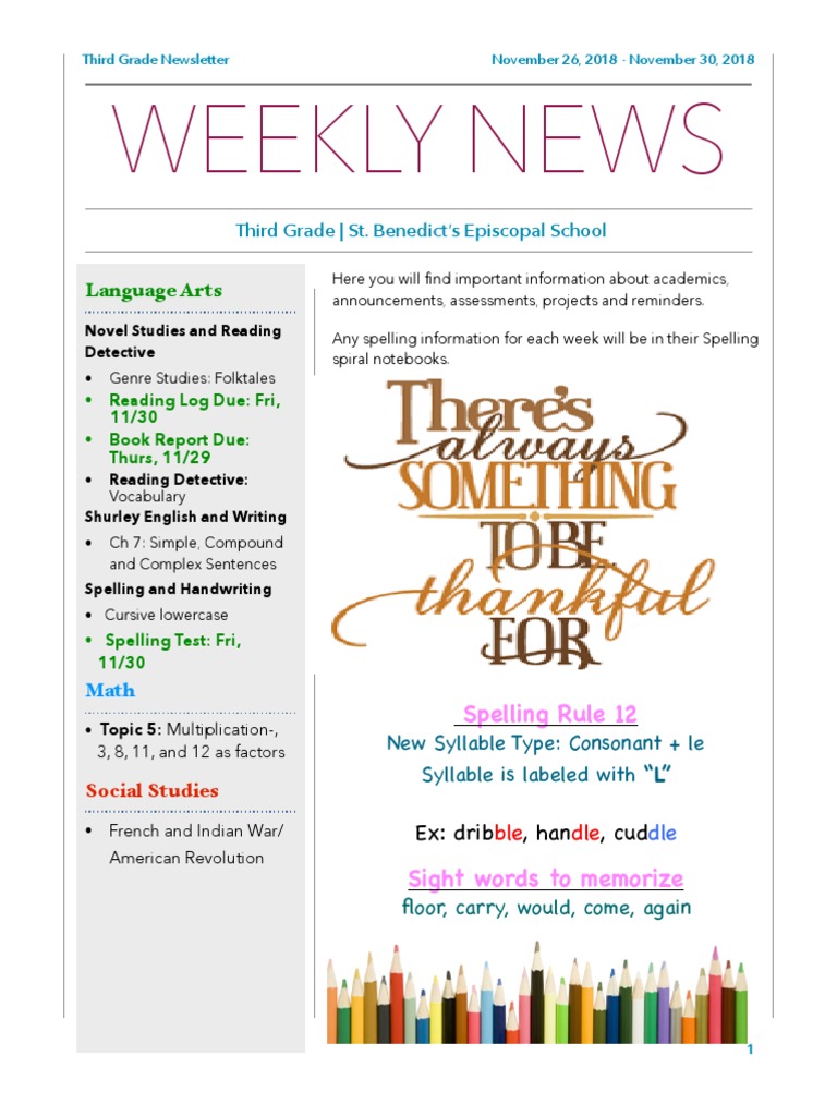 Third Grade Weekly Newsletter: Nov 26-30 | PDF | Homework | Linguistics