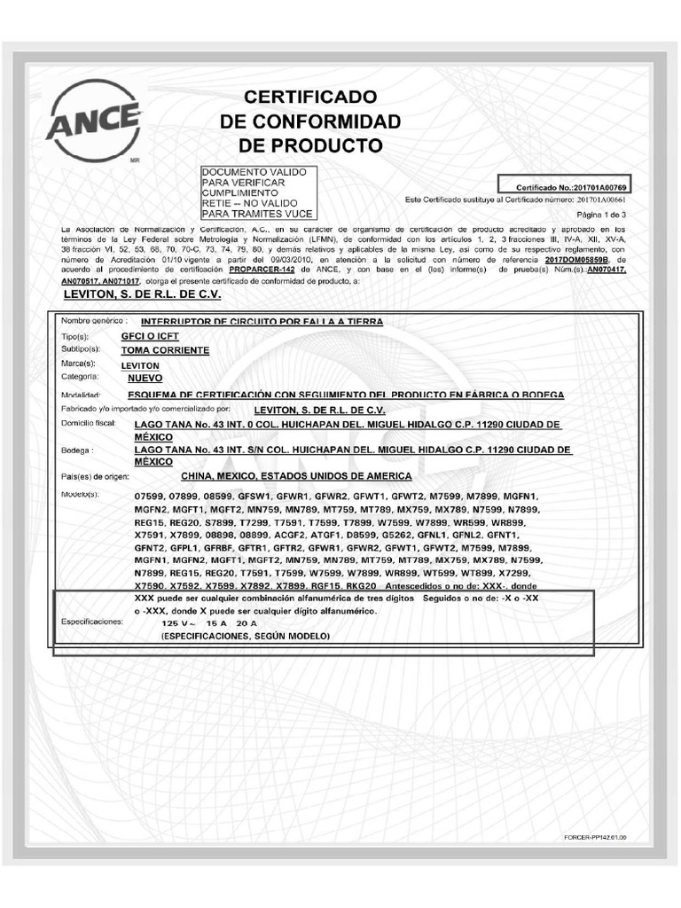 REWID0011 Leviton Certificado ANCE 201701A00769 GFCI 1 | PDF