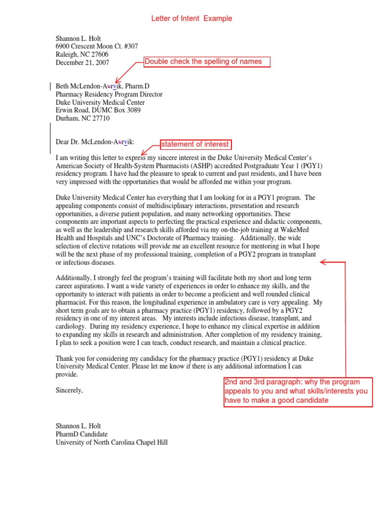 Letter of Intent Examples | PDF | Pharmacy | Residency (Medicine)