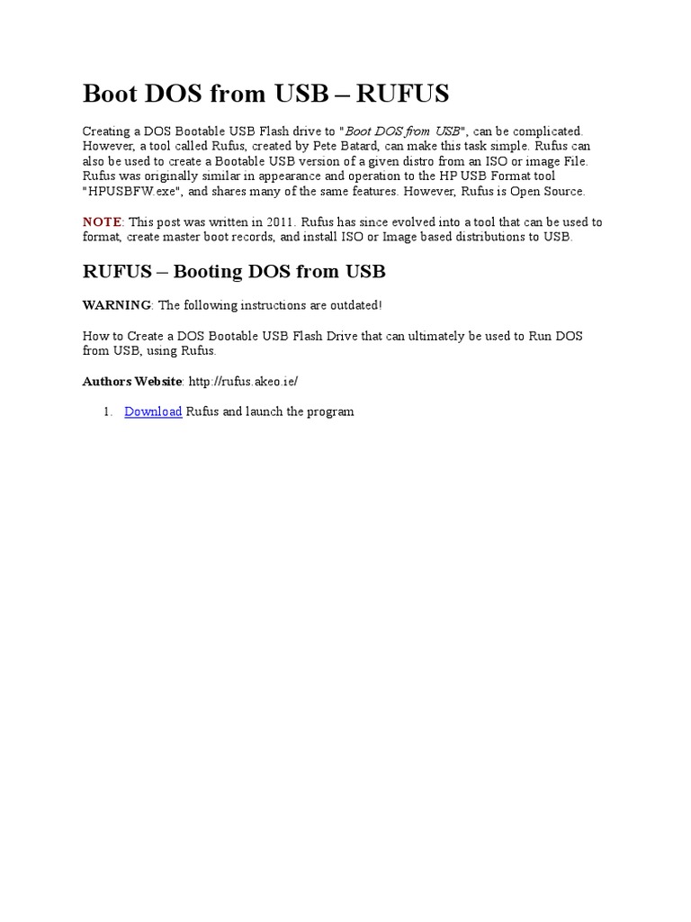 Create a DOS Bootable USB Drive with Rufus | PDF