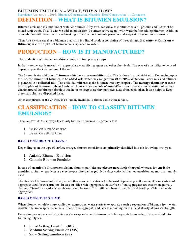 Understanding Bitumen Emulsion: Composition, Manufacturing Process ...