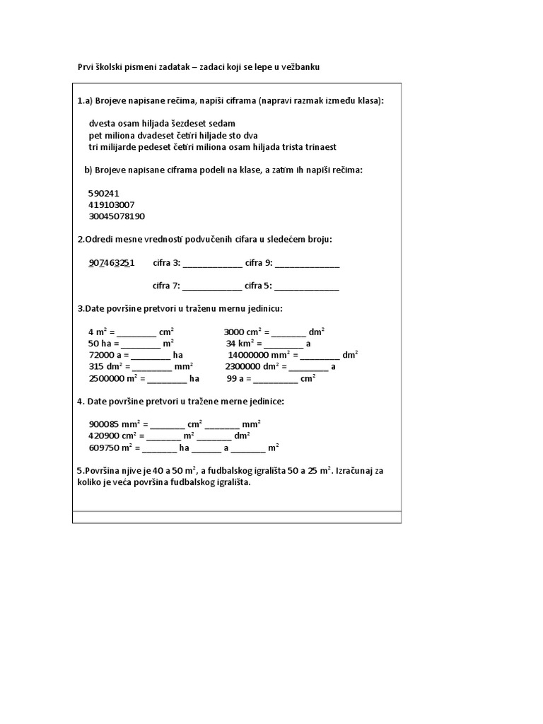 Matematika IV 01 Prvi Skolski Pismeni Zadatak | PDF