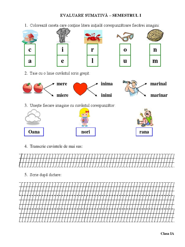 Evaluare Sumativa Rom Sem I Cls I Varianta 2 Matrice Bareme PDF | PDF