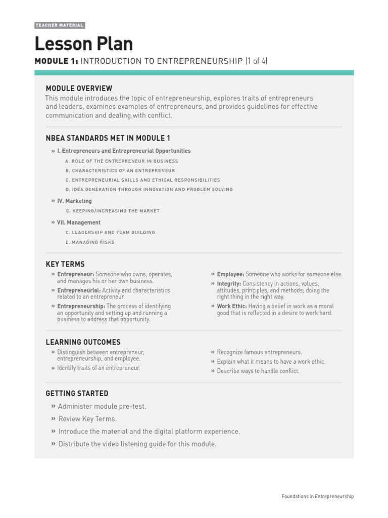 Introduction To Entrepreneurship Lesson Plan | PDF | Entrepreneurship ...