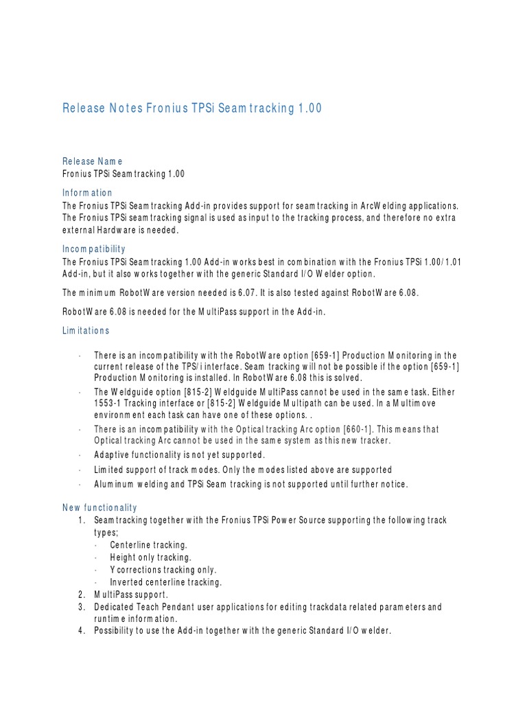 Fronius TPSi Seamtracking 1.00 Notes | PDF