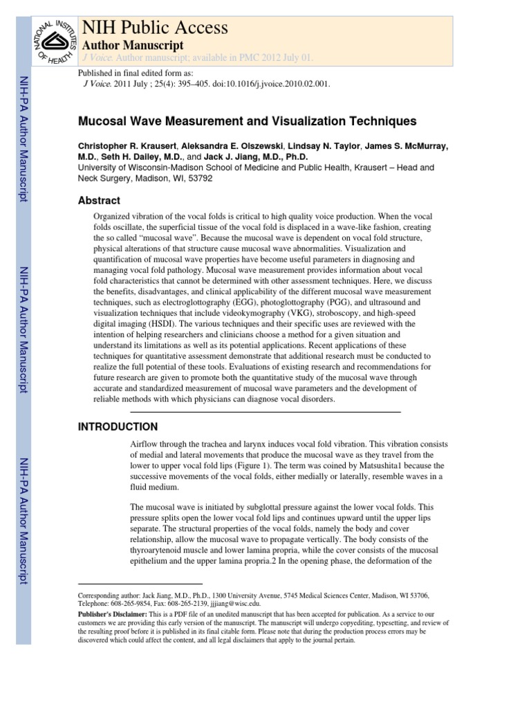 NIH Public Access: Mucosal Wave Measurement and Visualization ...