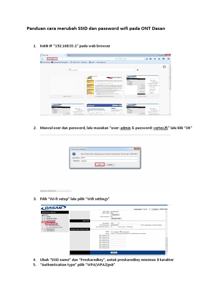 Panduan Cara Mengganti SSID Dan Password Wifi Pada ONT Dasan | PDF