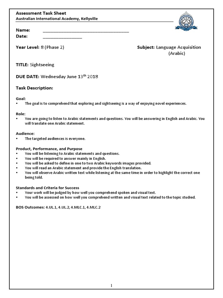 Assessment Task Sheet: Australian International Academy, Kellyville ...