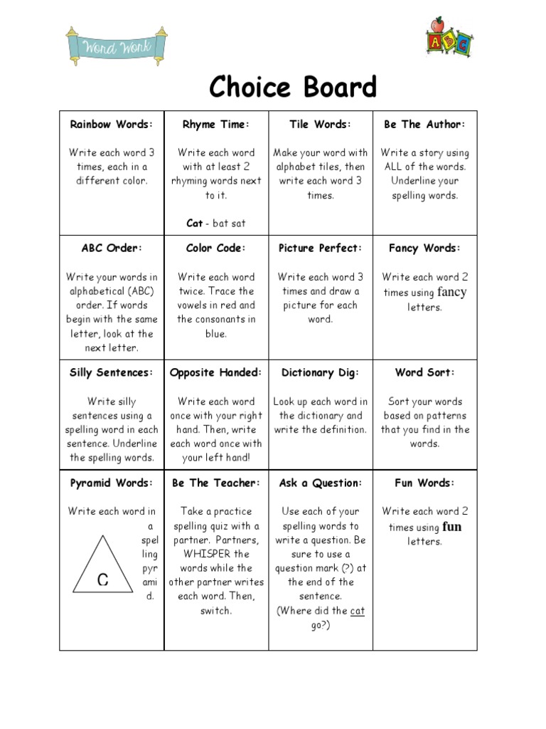 Word Work Choice Board | PDF