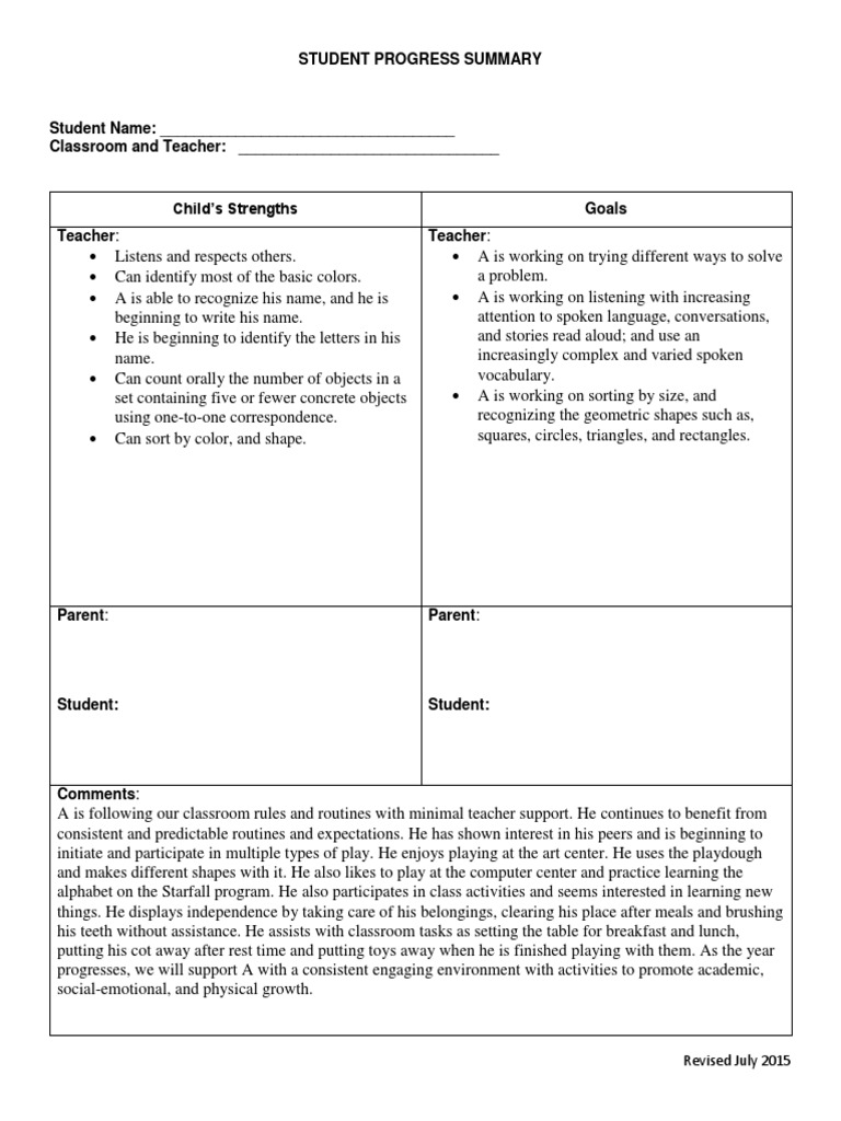 A Student Progress Summary | PDF | Shape | Classroom