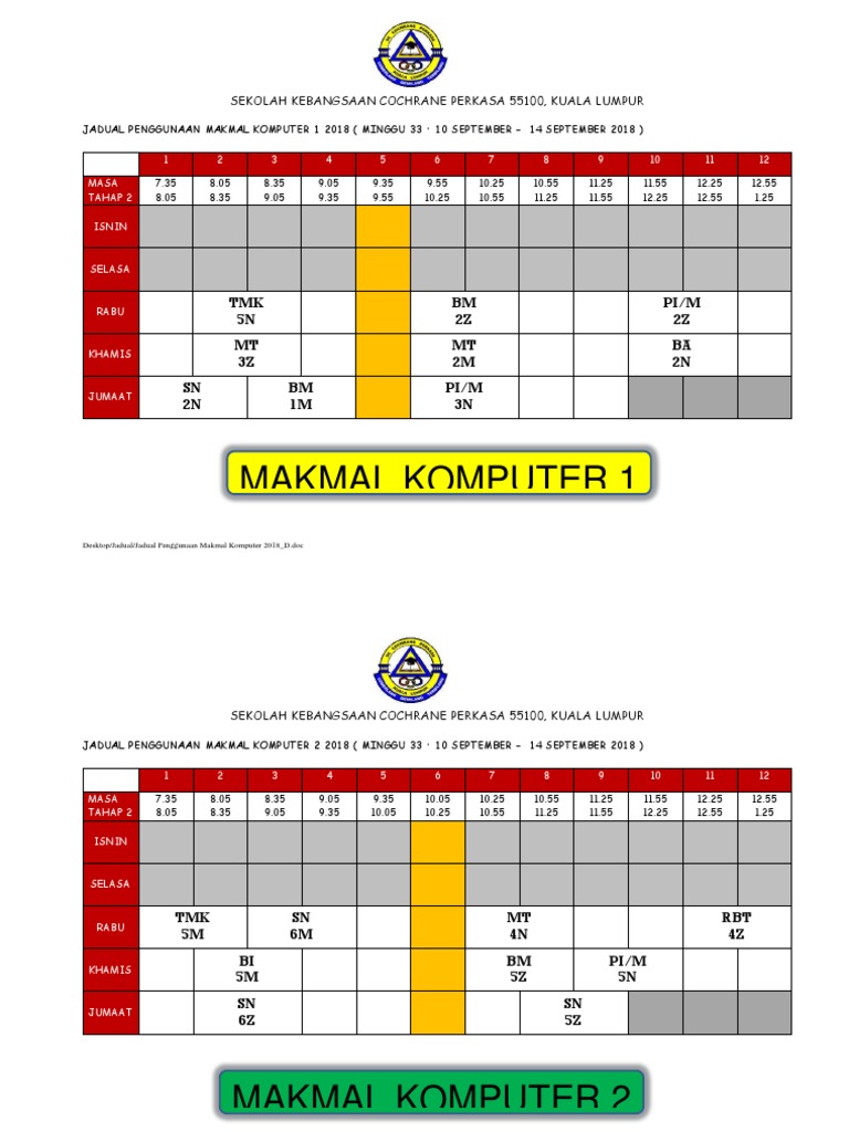 Contoh Jadual Penggunaan Makmal Komputer | PDF