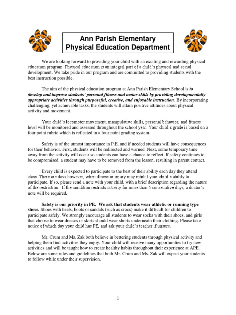 Ann Parish Elementary PE Guidelines | PDF | Behavior Modification | Schools