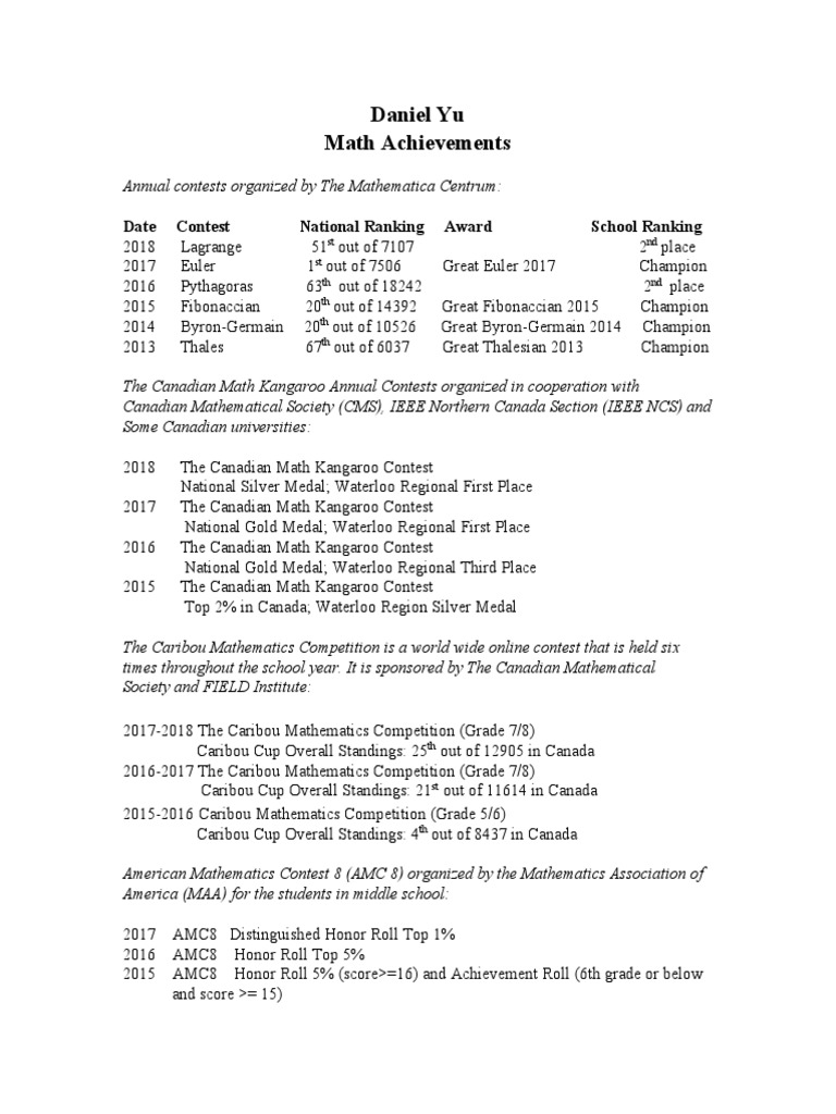 Daniel Yu Math Achievements 2 | PDF | Teaching Mathematics | Science