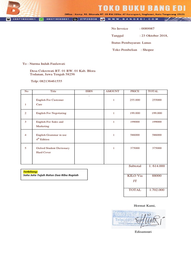 Hormat Kami,: Terbilang: Satu Juta Tujuh Ratus Dua Ribu Rupiah | PDF