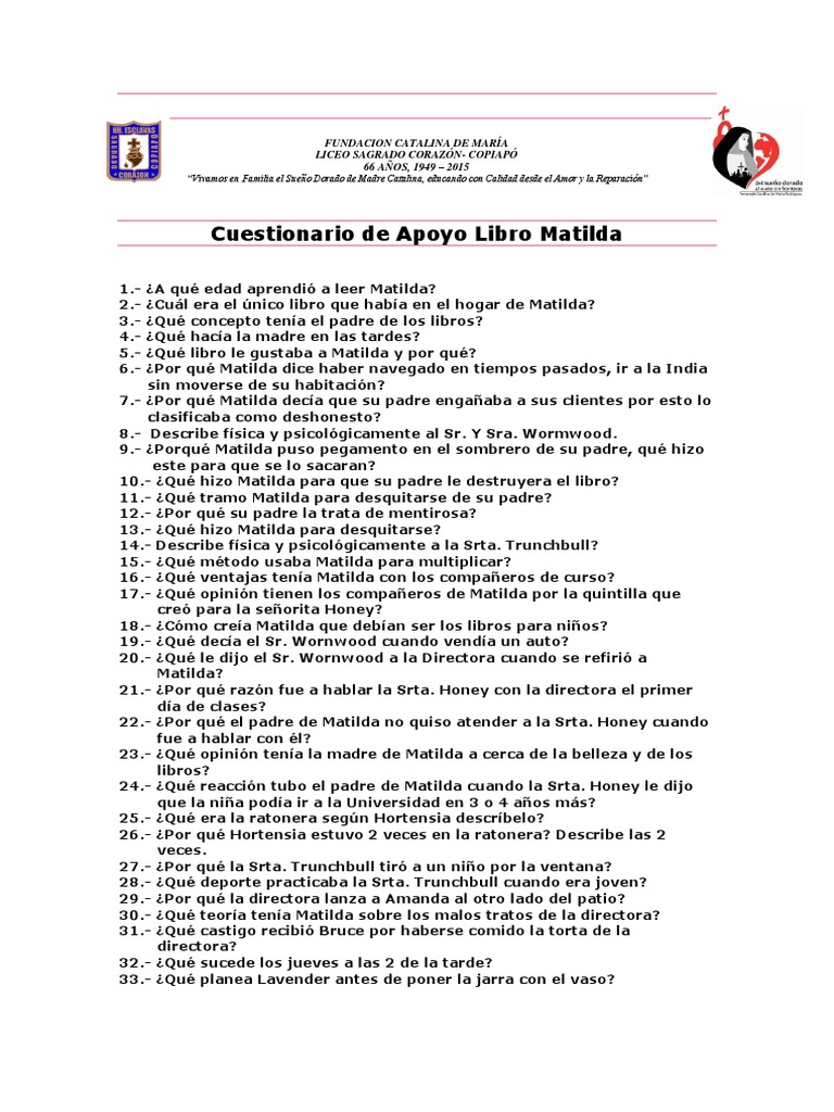 Cuestionario Matilda PDF | PDF | Ocio