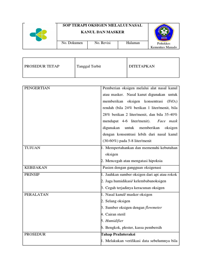 Viks. Sop Terapi Oksigen Melalui Nasal Kanul Dan Masker | PDF