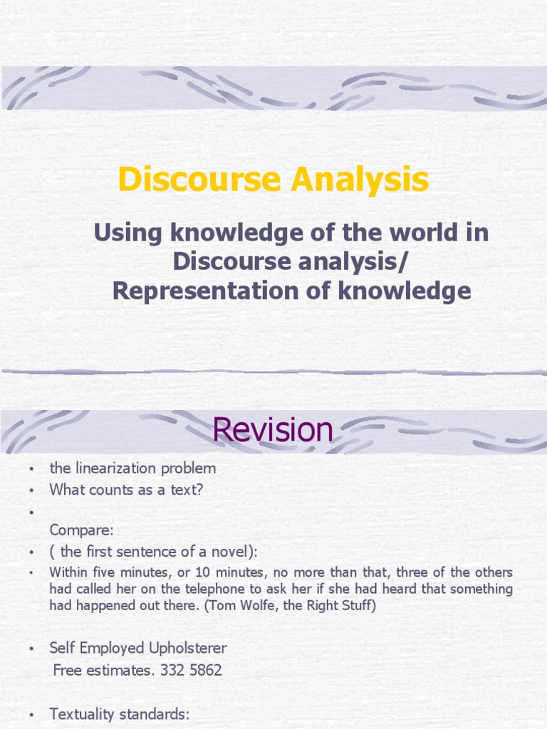 Discourse Analysis: Using Knowledge of The World in Discourse Analysis ...