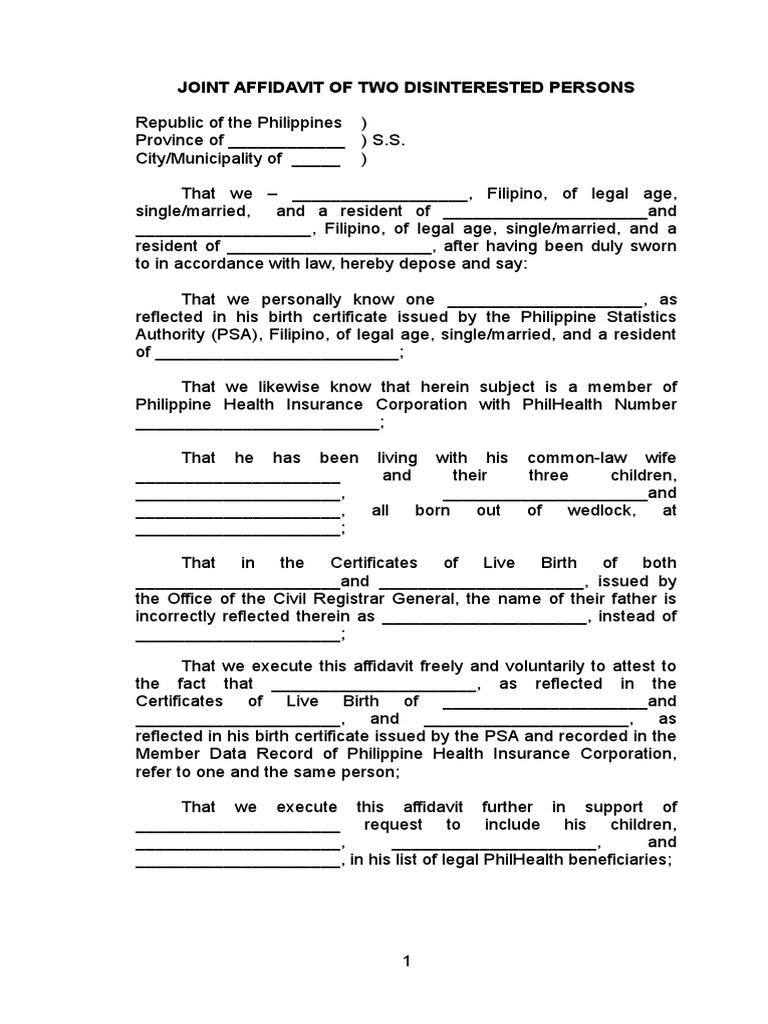 Sample Joint Affidavit of Two Disinterested Persons | PDF | Affidavit ...