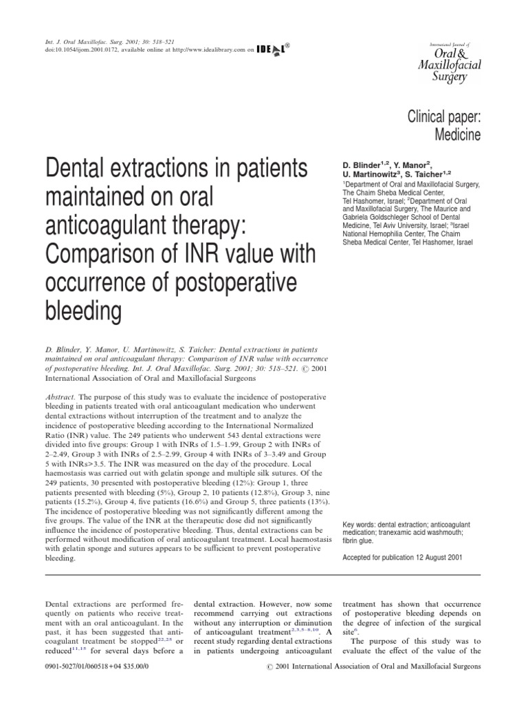 Dental Extractions in Patients Maintained On Oral Anticoagulant Therapy ...