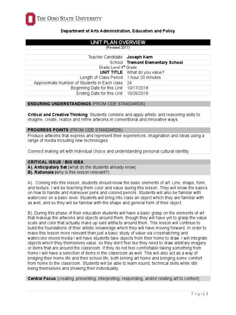 Unit Plan Overview: Grade Level 4 Grade | PDF | Teachers | Classroom