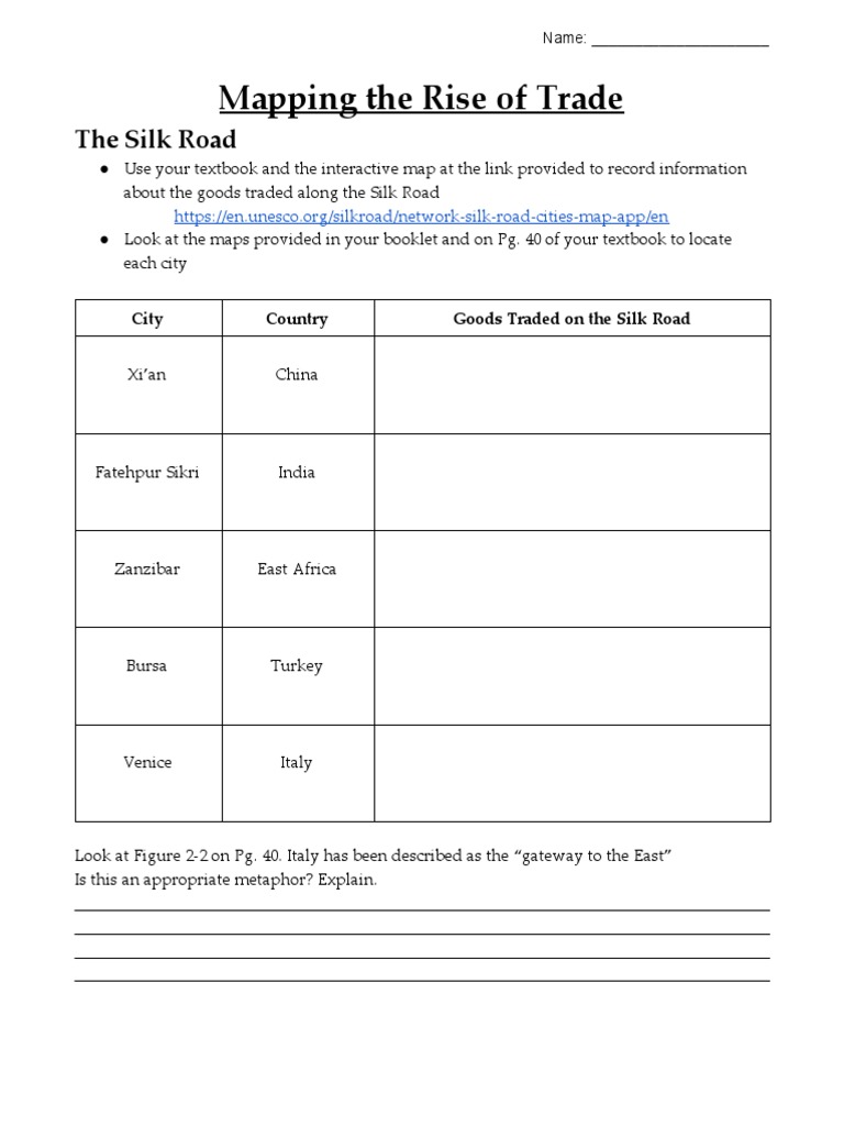 Mapping The Rise of Trade - Silk Road and Crusades Worksheet | PDF