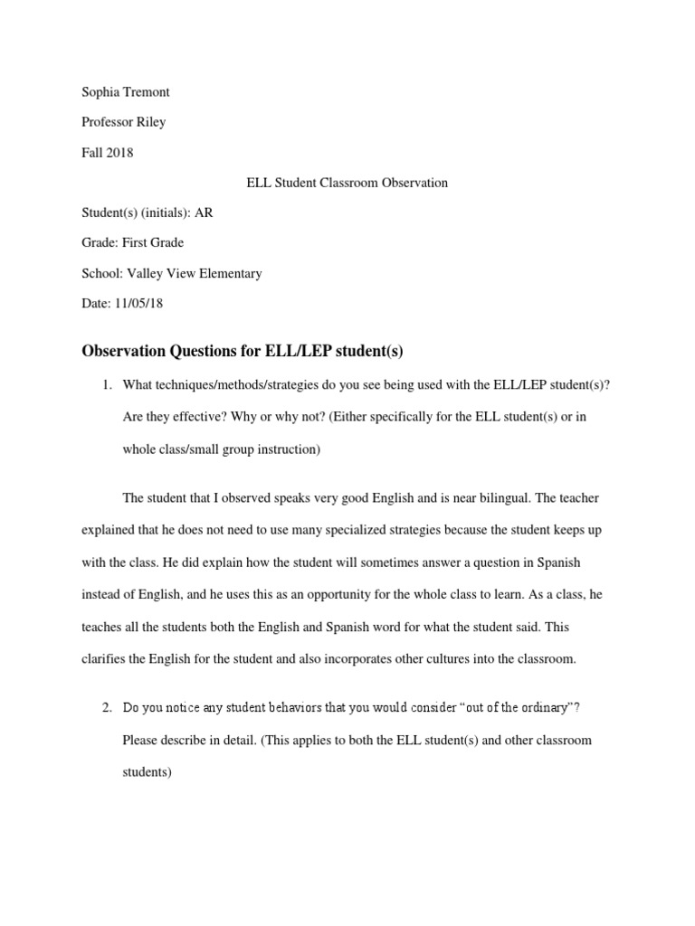ELL Student Observation Report | PDF | Classroom | Multilingualism