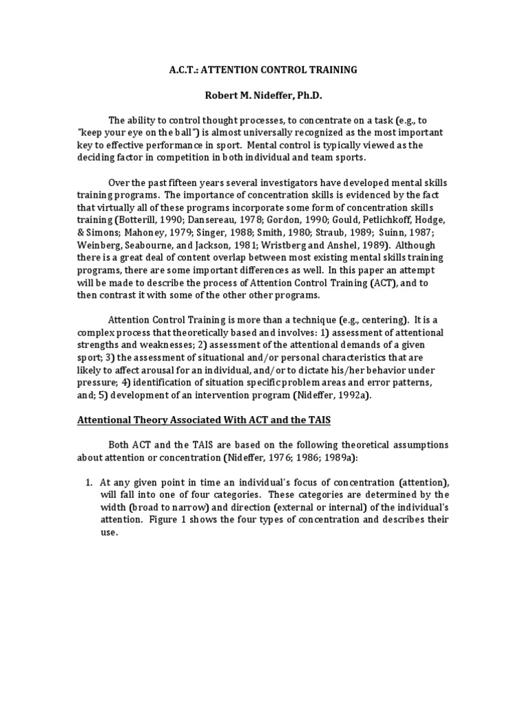 A.C.T.: Attention Control Training Robert M. Nideffer, PH.D | PDF ...