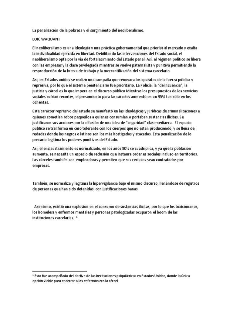 La Penalización de La Pobreza y El Surgimiento Del Neoliberalismo Loic ...
