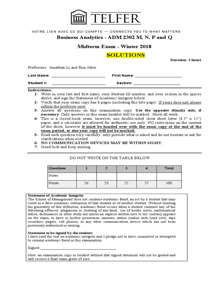 SOLUTIONS ADM2302 Midterm Exam W18 Final Version - Posted PDF | PDF | Linear Programming ...