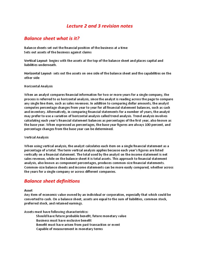 Lecture 2 and 3 Revision Notes Balance Sheet What Is It? | PDF | Equity ...