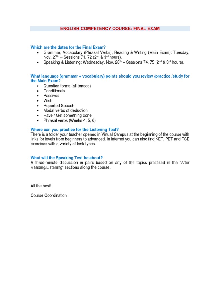 English Competency Final Exam Guide | PDF
