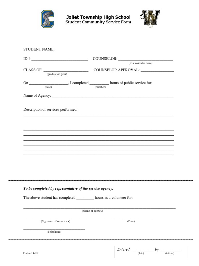 Joliet Township High School: Student Community Service Form | PDF