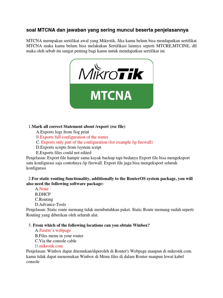 Soal MTCNA Dan Jawaban Yang Sering Muncul Beserta Penjelasannya | PDF