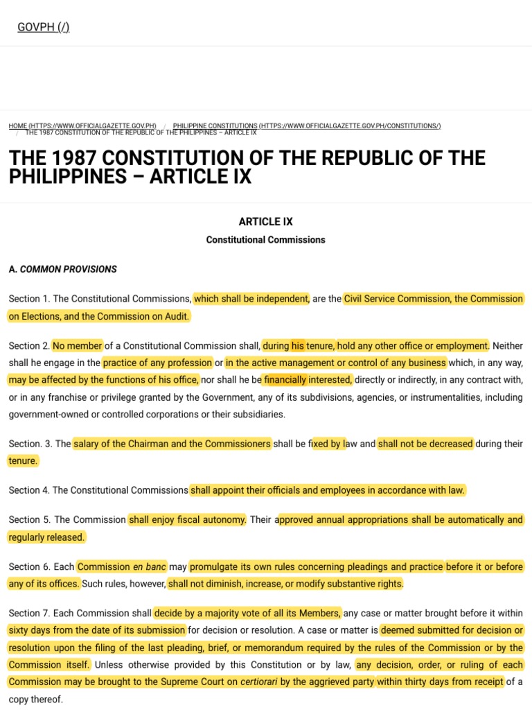 THE 1987 CONSTITUTION OF THE REPUBLIC OF THE PHILIPPINES - ARTICLE IX - Official Gazette of The ...